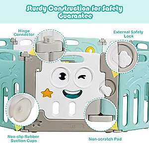 Costzon Foldable Baby Playpen, 14-Panel Baby Play Yards with Lock Door & Anti-Slip Rubber Bases, Indoor Outdoor Safety Baby Fence with Adjustable Shape for Children Toddlers (14 Panel, Green + White)