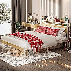 LIKIMIO Full Size Bed Frame, Platform Bed Frame with 2-Tier Storage Headboard, Solid and Stable, Noise Free, No Box Spring Needed, Easy Assembly, White and Log