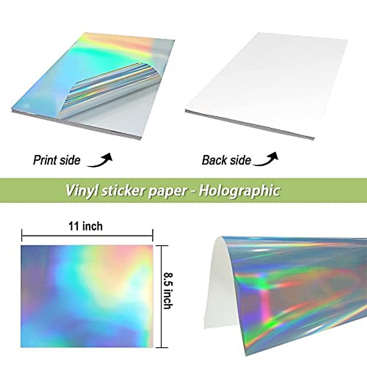 Stampcolour 50 Sheets Holographic Printable Vinyl Sticker Paper for Cricut,Glossy Decal Paper,Self-Adhesive Labels Crafts,Dries Quickly Tear Resistant-for Any Epson HP Canon Sawgrass Inkjet Printer A4
