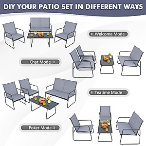 Tangkula 4 Pieces Patio Furniture Set, Outdoor Conversation Set with Tempered Glass Coffee Table, Metal Frame, Breathable Fabric, Indoor & Outdoor Chat Set of 4, for Patio, Poolside, Garden (Gray)