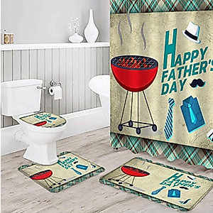 4 Pcs Bathroom Shower Curtains Sets With Rugs, Happy Father's Day, Luxury Toilet Lid Cover, Bath Mat，Waterproof Fabric Shower Curtain with 12 Hooks For Hotel/Bathroom BBQ Plaid Check Green