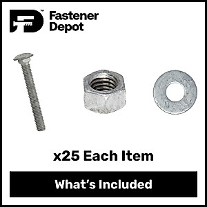 FASTENER DEPOT 1/2inches-13 x 5-1/2inches Hot Dipped Galvanized Carriage Bolt w/Nuts & Flat Washers, Quantity 25 - by Fastener Depot, LLC