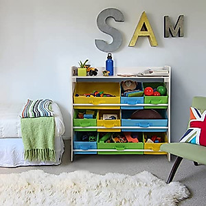 SONGMICS,Organizer and storage bins, Kid’s toy storage Unit with 9 Removable Non-Woven Fabric, Top Book Shelf, for Nursery Playroom, White UGKR31WT