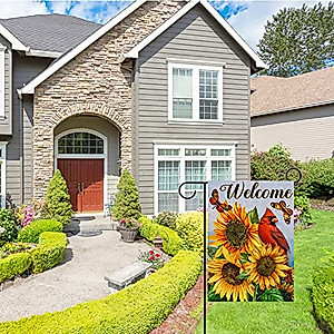 Covido Home Decorative Welcome Spring Summer Cardinal Sunflower Garden Flag, Yard Red Bird Outside Decoration, Fall Autumn Outdoor Small Burlap Decor Double Sided 12 x 18