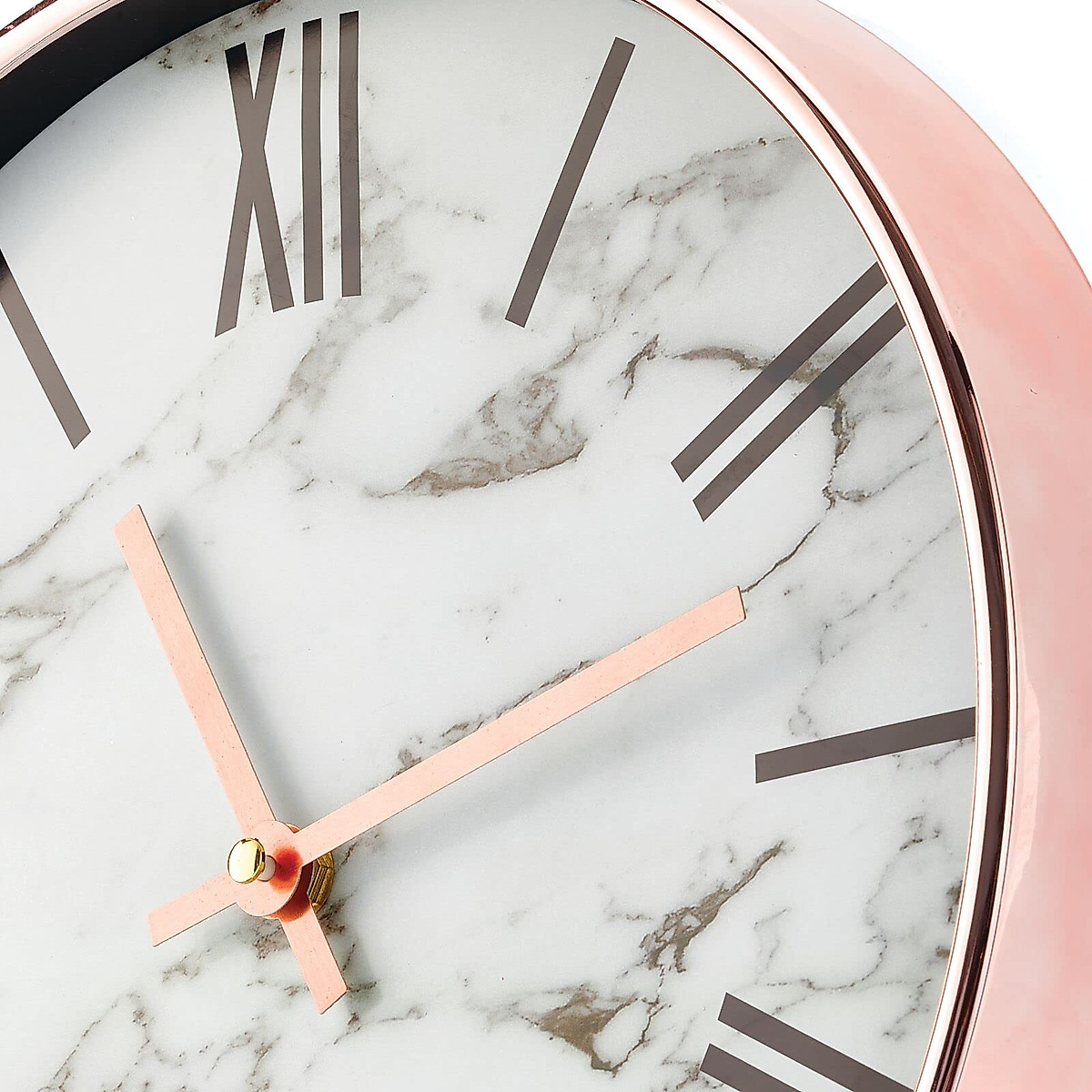 mDesign Modern Stylish Wall Clock for the Office, Bedroom, Kitchen, Bathroom, 11.5 Inch Diameter - Rose Gold Frame and Hands, Large Black Numbers on a Marble Background with a Clear Glass Cover