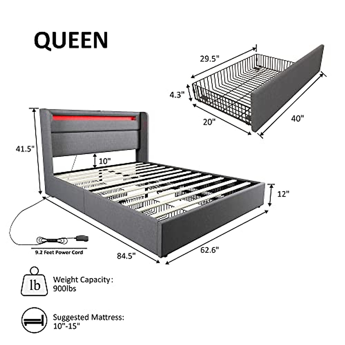 AMERLIFE Queen Bed Frame with RGBW LED Lights Headboard & 4 Storage Drawers, Upholstered Smart Platform Bed with USB & USB-C Ports, Box Spring Optional, Light Grey