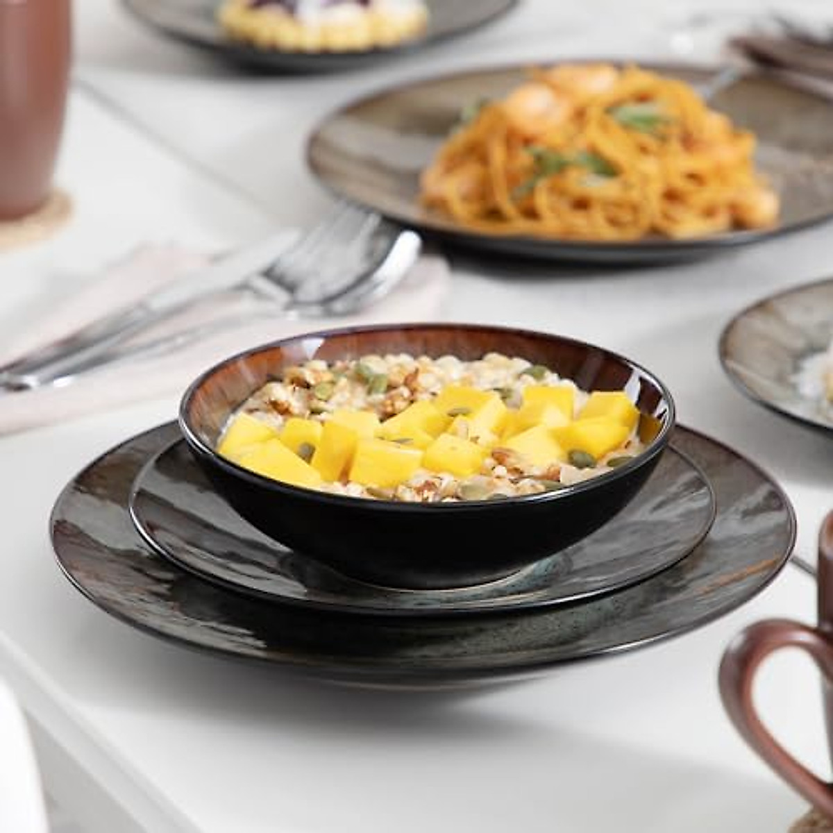 vancasso Bubble Dinnerware Sets 16-Piece - Plates and Bowls Set for 4 Dish Service Tableware Set, Microwave and Dishwasher Safe, Brown