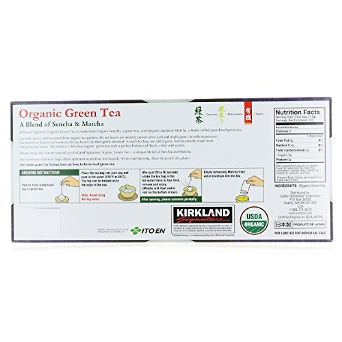 Kirkland Signature Organic Japanese Green Tea, A Blend of Sencha & Matcha 100 bags 0.05 Oz/1.5g per bag by