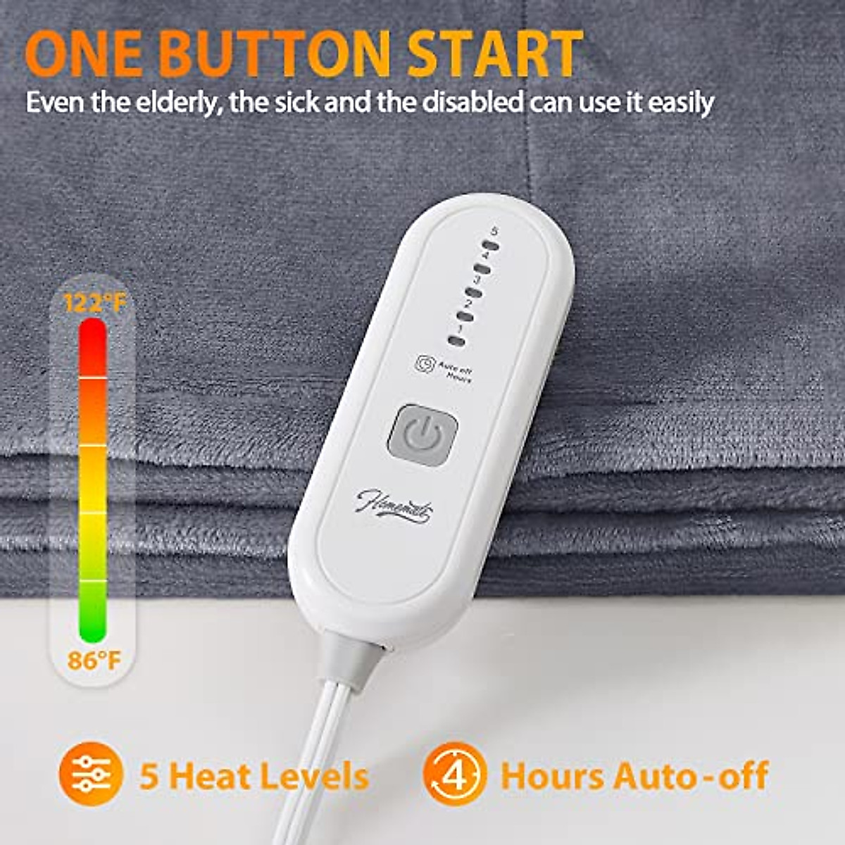 HomeMate Heated Blanket Electric Throw - 50"x60" Heating Blanket Throw 4 Hours Auto-Off 5 Heat Levels Heat Blanket Over-Heat Protection Flannel Sherpa Heater Blanket Electric ETL Certification