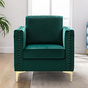 Modern Velvet Accent Chair, Tufted Button Armchair with Pillow and Decorative Nailheads Single Lounge Sofa Chair Club Chair with Steel Legs for Living Room Bedroom Office (Green)