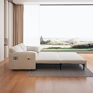 Eafurn Sleeper Couch Sofa Bed, Beige Velet 63.8" Queen with Side Pockets