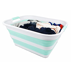 SAMMART 42L Collapsible Plastic Laundry Basket - Foldable Pop Up Storage Container / Organizer - Portable Washing Tub - Space Saving Hamper / Basket (White/Light Green (Set of 2))