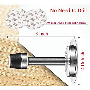 LemonHo No Need to Drill/ Screw in Wall Mounted Door Stopper, 3M Self Adhesive Tape Stainless Steel Doorstop, Rubber Bumper Tip, Pack of 2 Wall Protector Bedroom Door Stops, 3 Inches Height, Silver