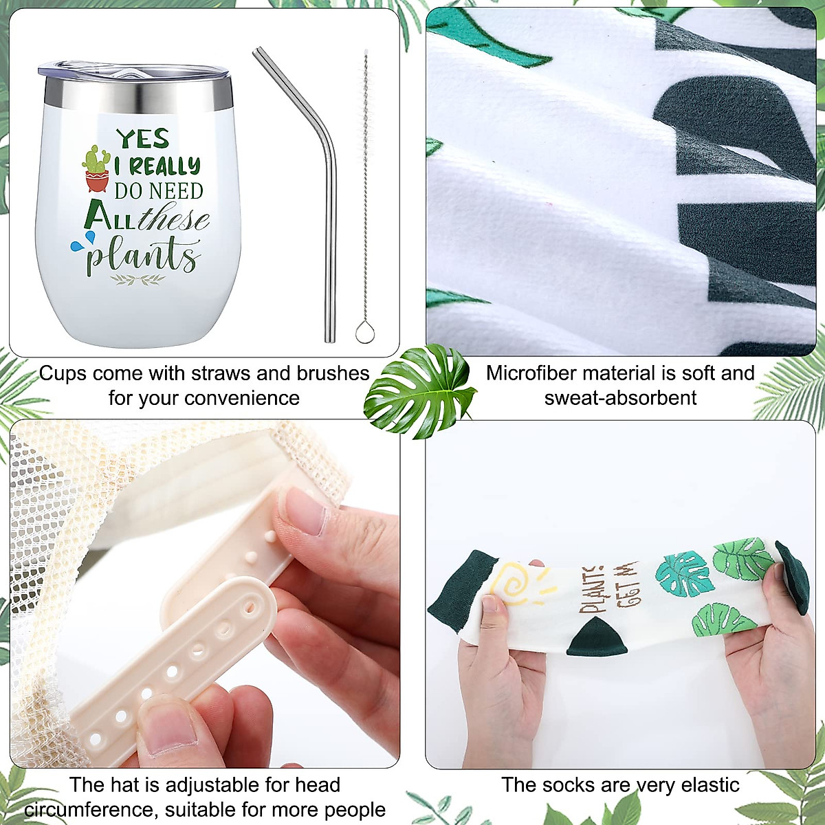 Jiuguva 4 Pcs Christmas Plant Gift Set Plant Gifts Gardening Gifts Plant Hat Funny Kitchen Towels 12 oz Wine Tumbler Cup Women's Ankle Socks Plant Gifts for Women Gardener Christmas Gift(Leaf)