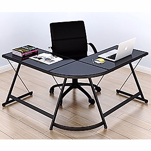 SHW Gaming Desk Computer L-Shape Corner Studio Table, Black, Glass Top