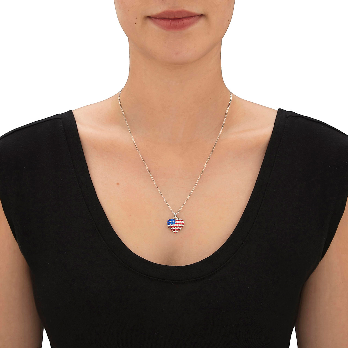 PalmBeach Silvertone Round Red White and Blue Crystal American Flag Heart Pendant (16mm) with 18 inch Chain