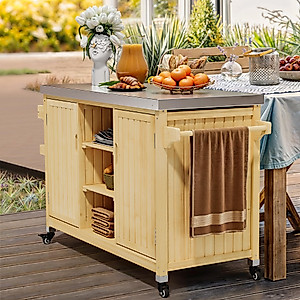 YITAHOME XL Solid Wood Outdoor Table and Storage Cabinet, 59.64’’L x 23.62’’W Movable Grill Table with Stainless Steel Top, Side Handle, Spice Rack for Outside, Patio Bar, Outdoor Kitchen Island