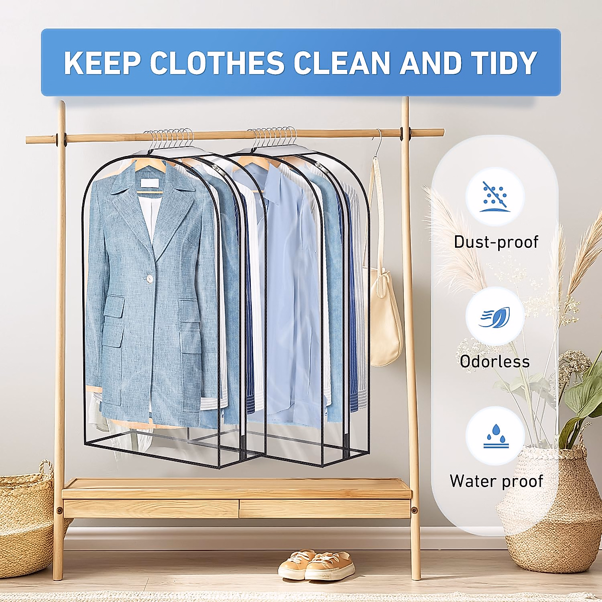 10" Gusseted All Clear Garment Bags, 40" Suit Bags for Closet Storage Hanging Clothes, Shirts, Coats, Dresses, 6 Packs