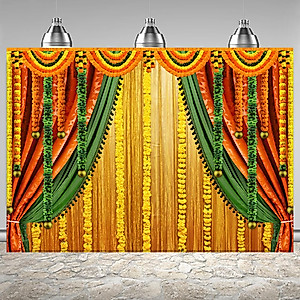 Lofaris India Pooja Photography Backdrop Puja Ganpati Pooja Traditional Mehndi Festival Background Decorations Wedding Party Marigold Garlands Photo Props 6x4ft