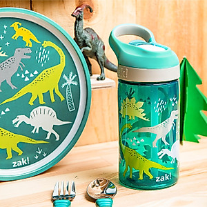 zak! Dinosaur - 5-Piece Dinnerware Set - Durable Plastic & Stainless Steel - Includes Water Bottle, 8-Inch Plate, 6-Inch Bowl, Fork & Spoon - Suitable for Kids Ages 3+
