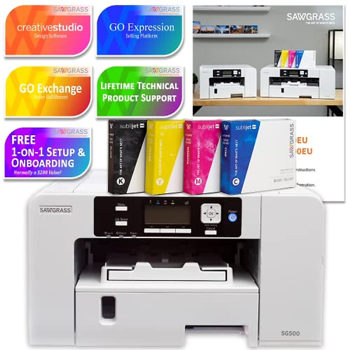 Sawgrass UHD Virtuoso SG500 Sublimation Printer Starter Bundle with Inks, 300 Sheets of Sublimation Paper, Tape, & Blanks