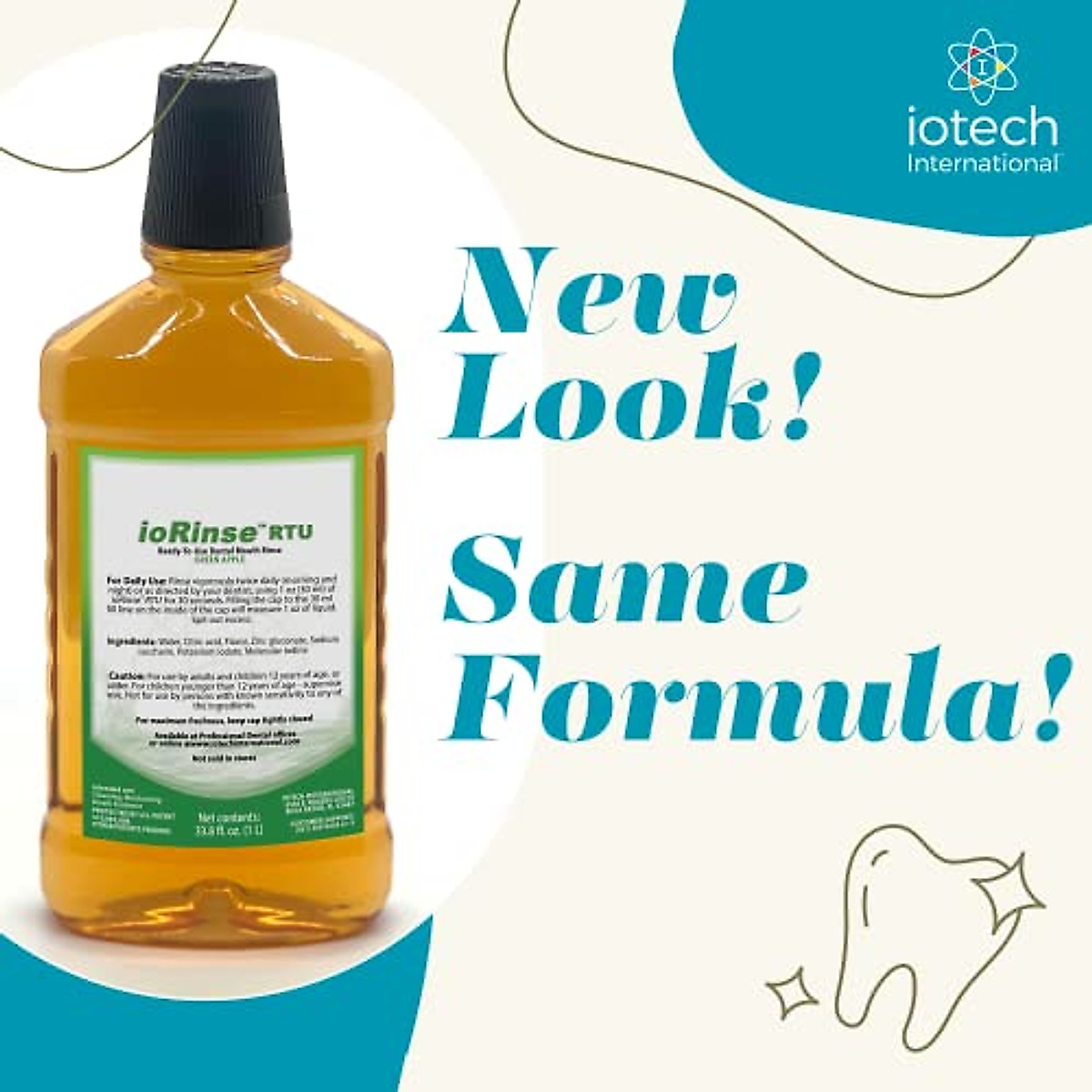 Iotech ioRinse Mouthwash - Get A Natural Clean - Alcohol Free, Fluoride Free - Superior Dental Cleaner for Teeth, Gums and Bad Breath - Green Apple (1 Liter Bottle)