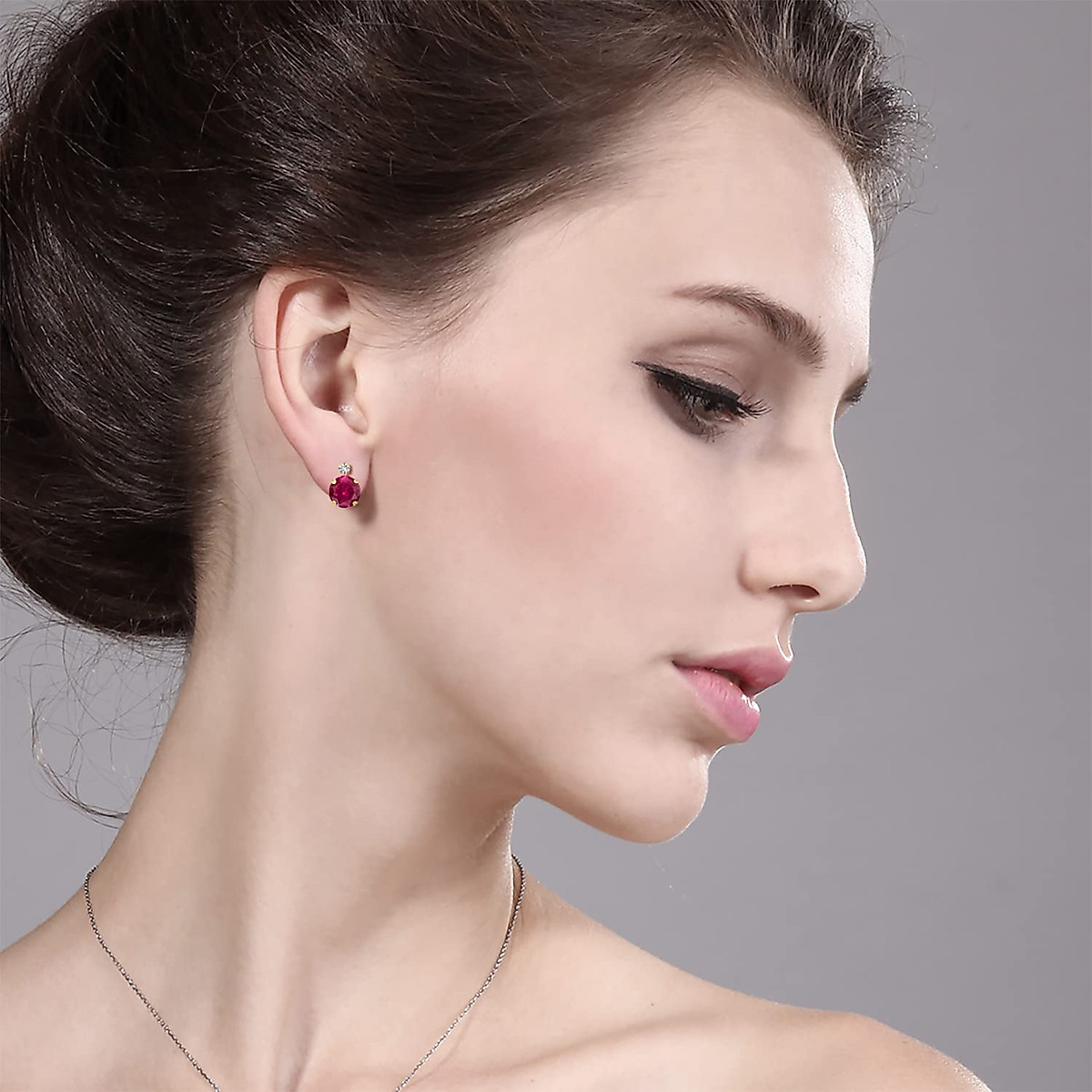 Gem Stone King 14K Yellow Gold Round Red Created Ruby and White Created Sapphire Earrings For Women (2.08 Cttw, Round 6MM)