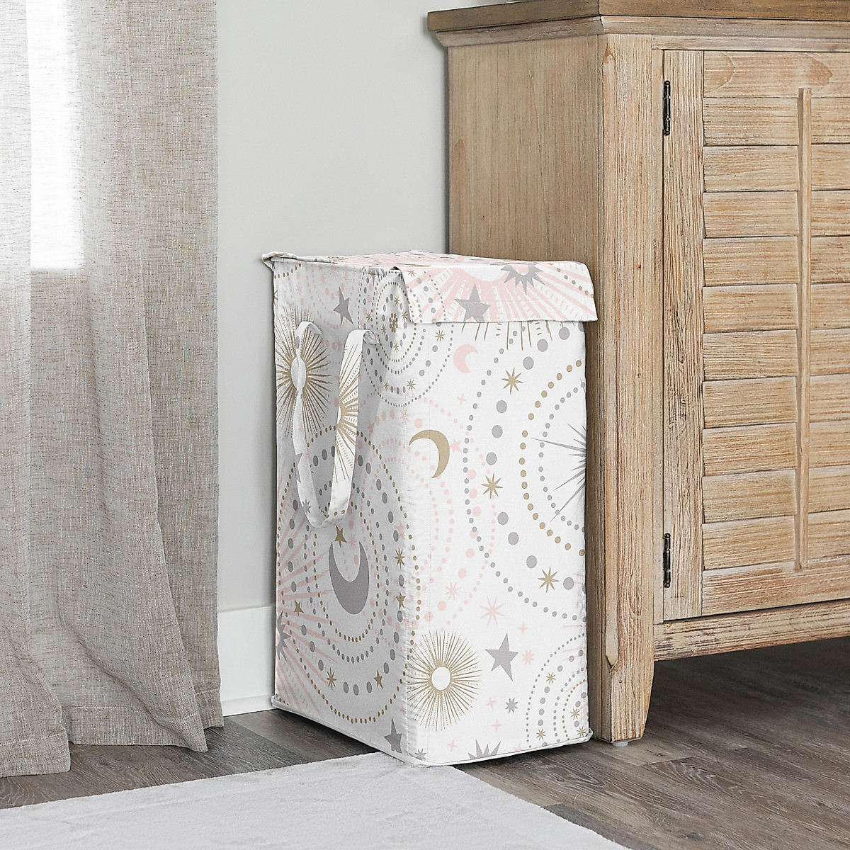 Sweet Jojo Designs Blush Pink Gold Star and Moon Girl Laundry Hamper Foldable Dirty Clothes Basket with Handles for Baby Nursery Kids Bedroom Teen Bathroom - Grey Celestial Sky Stars Gray Shabby Chic