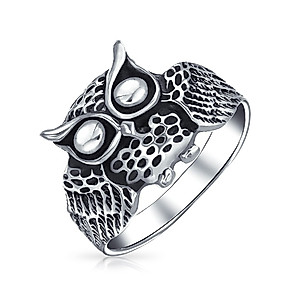 Personalized Protection Medium Old Wise Bird Night Owl Band Ring For Women Teen Oxidized .925 Sterling Silver Customizable