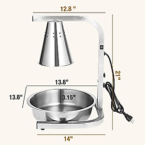 Restlrious Food Heat Lamp Freestanding Commercial Portable Food Warmer, Stainless Steel 120V Electric Food Heat Lamp with Red & Clear Bulbs and 1 Round Food Pan for Food Service, Fan-Shaped Lampshade