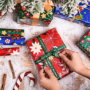 LeZakaa Christmas Wrapping Paper Roll - Min Roll - Nutcracker/Berry Flower/Santa Claus in Blue, Red and Green for Gift Wrap, DIY Craft - 17 x 120 inches - 3 Rolls (42.5 sq.ft.ttl.)