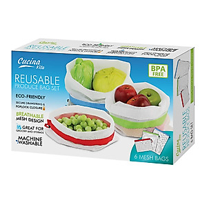 Reusable Produce Bags (Set of 6) Machine washable Breathable mesh design - Transport, Store & Organize Fruits and Vegetables | Color-Coded, Washable, Durable