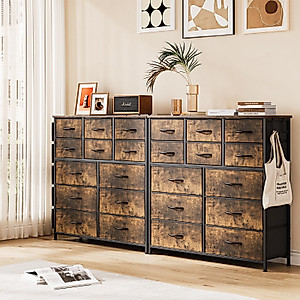 12 Dresser for Bedroom, Chest of Drawers for Bedroom with Side Pockets and Hooks, Fabric Storage Dresser, Sturdy Steel Frame, Wood Top, Easy Pull Handle (Rustic Brown)