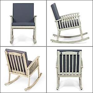 Merax Outdoor Rocking Chair, Acacia Wood Ready Lazy Sofa Seating with Cushion for Patio, Front Porch, Balcony, Indoor, Grey