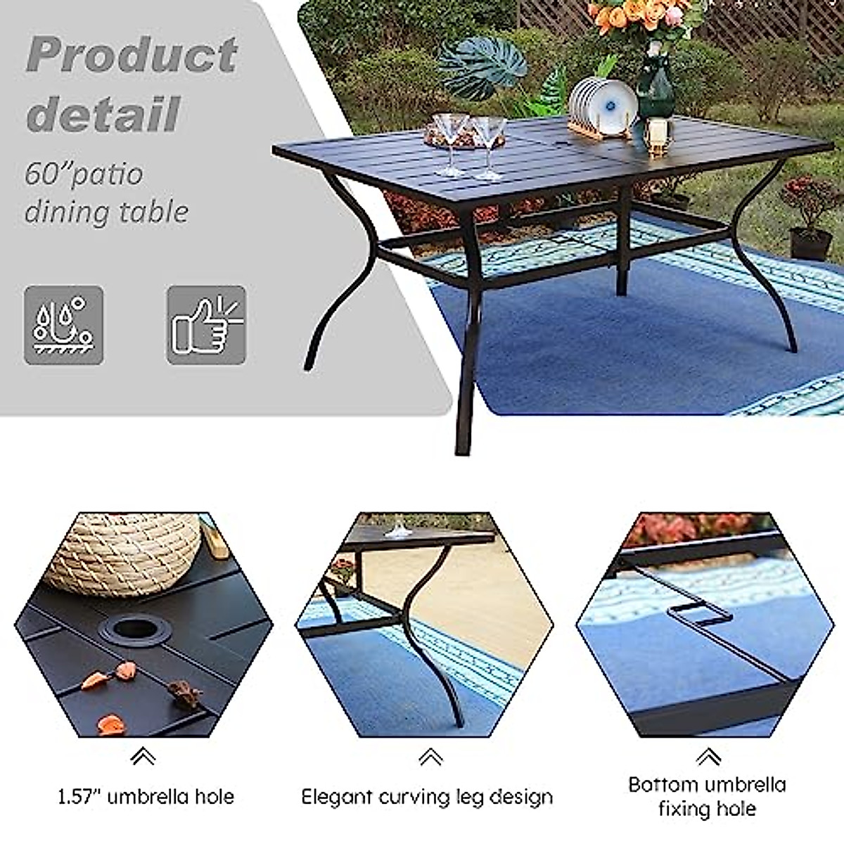 PHI VILLA Patio Dining Set Outdoor Table and Chairs Furniture Set 7 Piece, Large 60.2" Rectangle Bistro Table with Umbrella Hole and 4 Backyard Garden Chairs Support 300LBS for Deck, Lawn, Garden