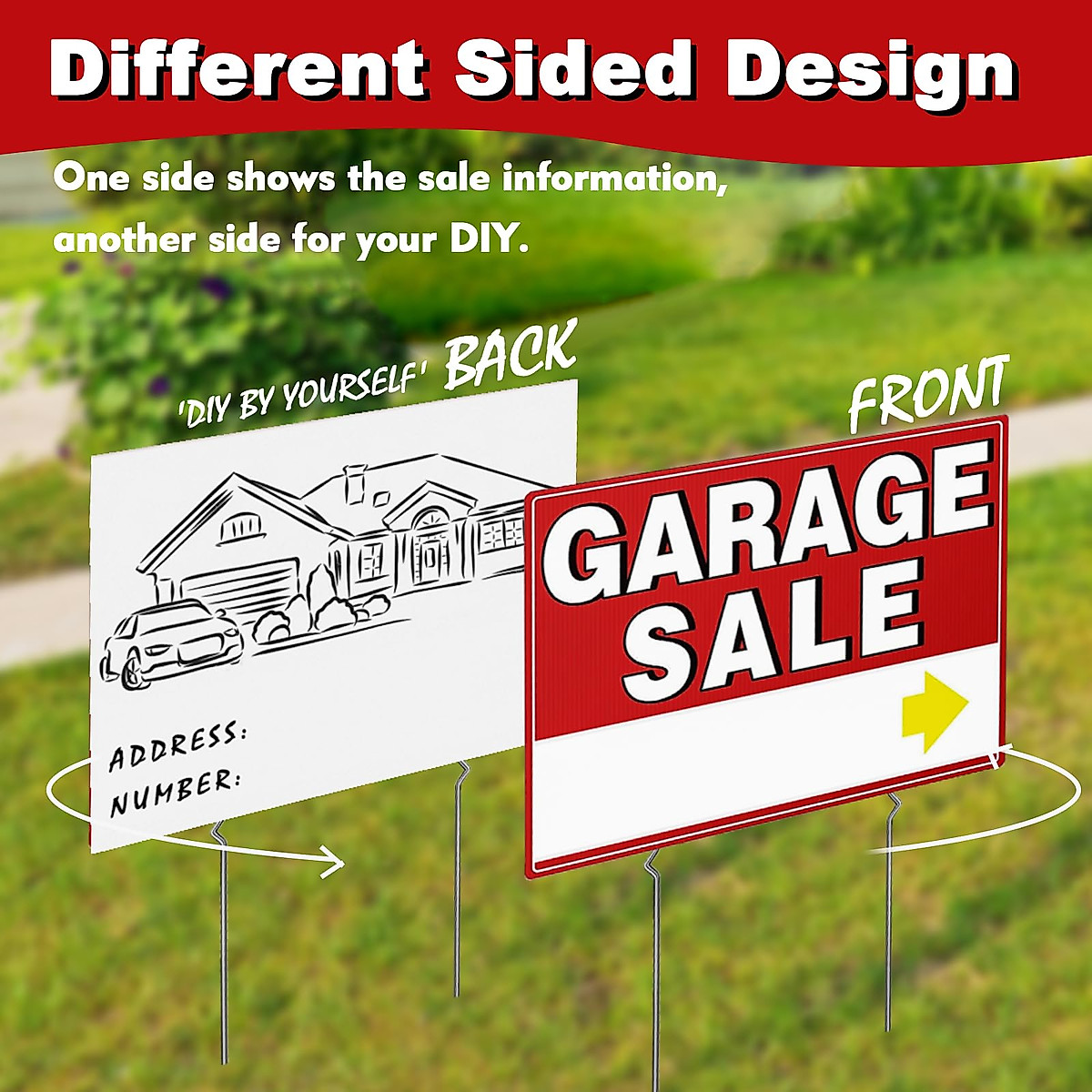 Garage Sale Sign, 17" x 13" Garage Sale Signs with Stakes, Yard Sale Signs with Stakes, Weather-proof Garage Sale Sign with Arrow Garage Sale Signs with Metal Stakes for Outdoor Estate (6 Pcs)