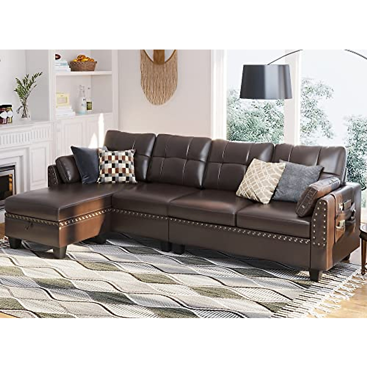 HONBAY Faux Leather Sectional Sofa Couch Reversible L Shaped Couch Sofa 4 Seat Sofa Sectional Couch for Small Apartment