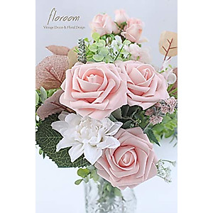 floroom Artificial Flowers 25pcs Real Looking Blush Foam Fake Roses with Stems for DIY Wedding Bouquets Bridal Shower Centerpieces Party Decorations
