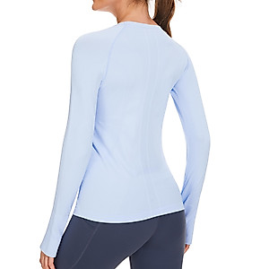 Stelle Women Workout Shirts Seamless Long Sleeve Yoga Tops with Thumb Holes for Sports Running Breathable Athletic Slim Fit Blue