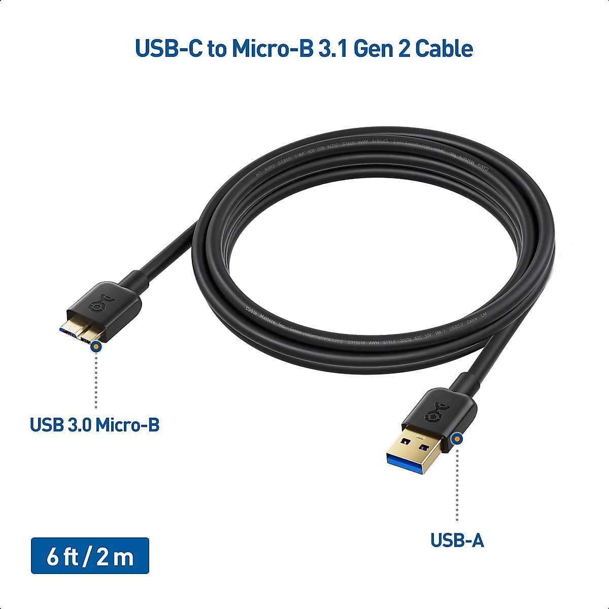 Cable Matters 2-Pack Micro USB 3.0 Cable 6 ft (External Hard Drive Cable, USB to USB Micro B Cable) in Black, Compatible with Seagate, LaCie, Toshiba, Samsung, Western Digital/WD External Hard Drive