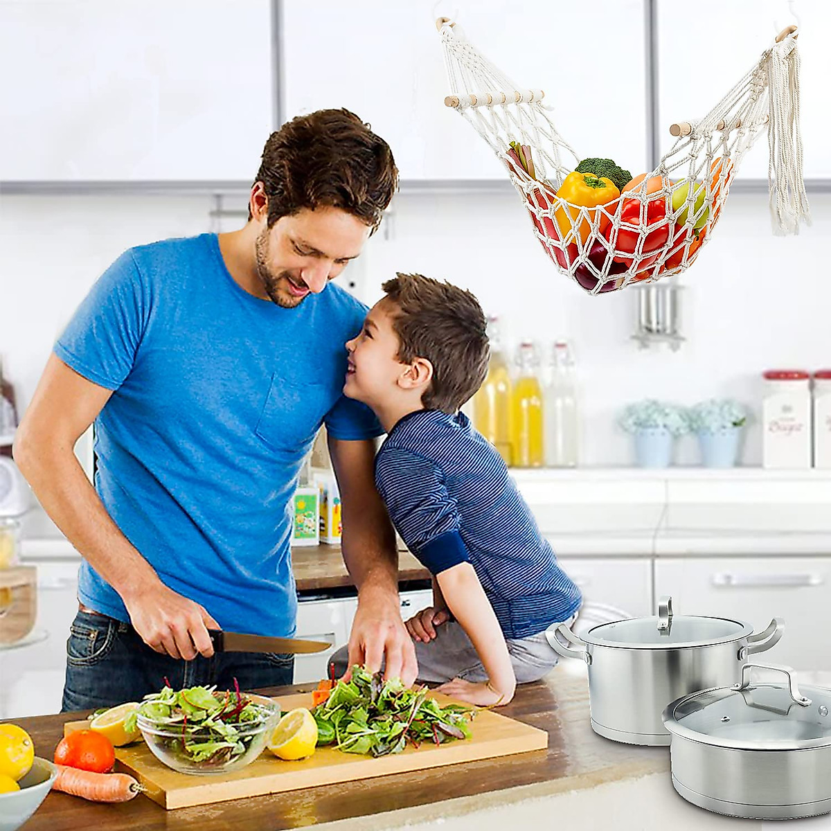 Fruit Hammock Under Cabinet Macrame Hanging Fruit Basket Veggie Banana Holder with Hooks Boho Decor for RV Camping Kitchen Organizers and Storage Christmas Housewarming Gifts