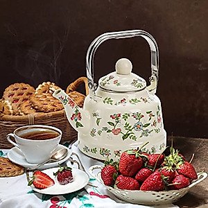 Jucoan 1.8 Quart Enamel Tea Kettle, Vintage Green Floral Enamel on Steel Teapot Water Kettle with Filter and Cool Grip Stainless Steel Handle for Stovetop Induction Gas, No Whistling Teakettle