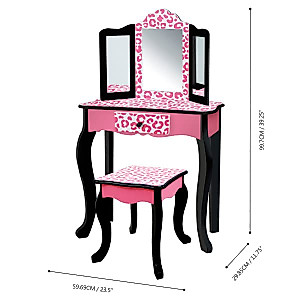Teamson Kids Leopard Prints Wooden 2-pc. Play Vanity Set with Tri-Fold Mirror, Storage Drawer and Matching Stool to Play Dress-up, Princess or Beauty Shop, Black/Pink