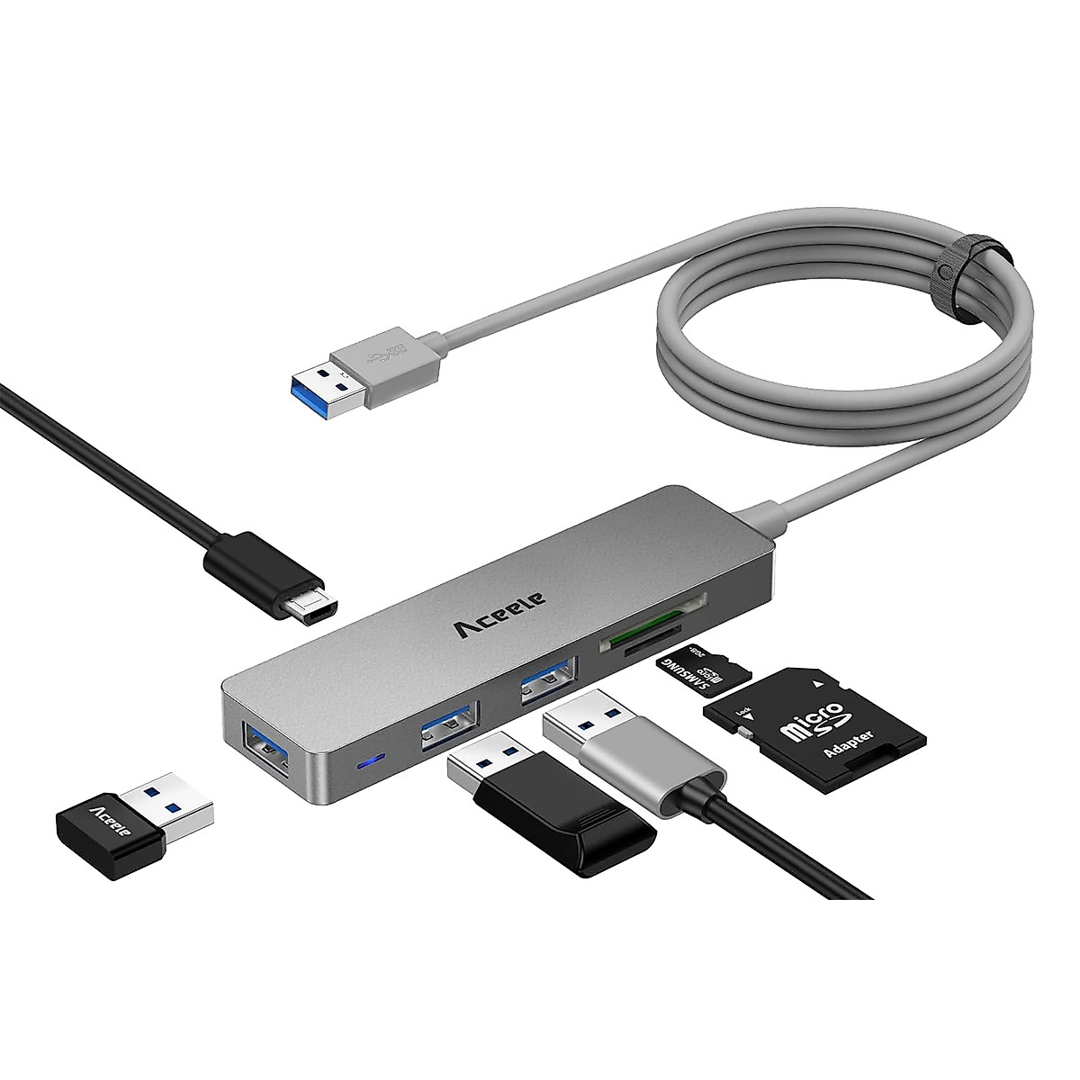 Aceele 5Gbps USB 3.0 Hub, 6 in 1 Ultra Slim Data USB Hub with 4ft Extended Long Cable, USB Multiport Hub with Micro USB Powered Port, SD/TF Card Slot Port, Compatible for PC, Laptop, MacBook