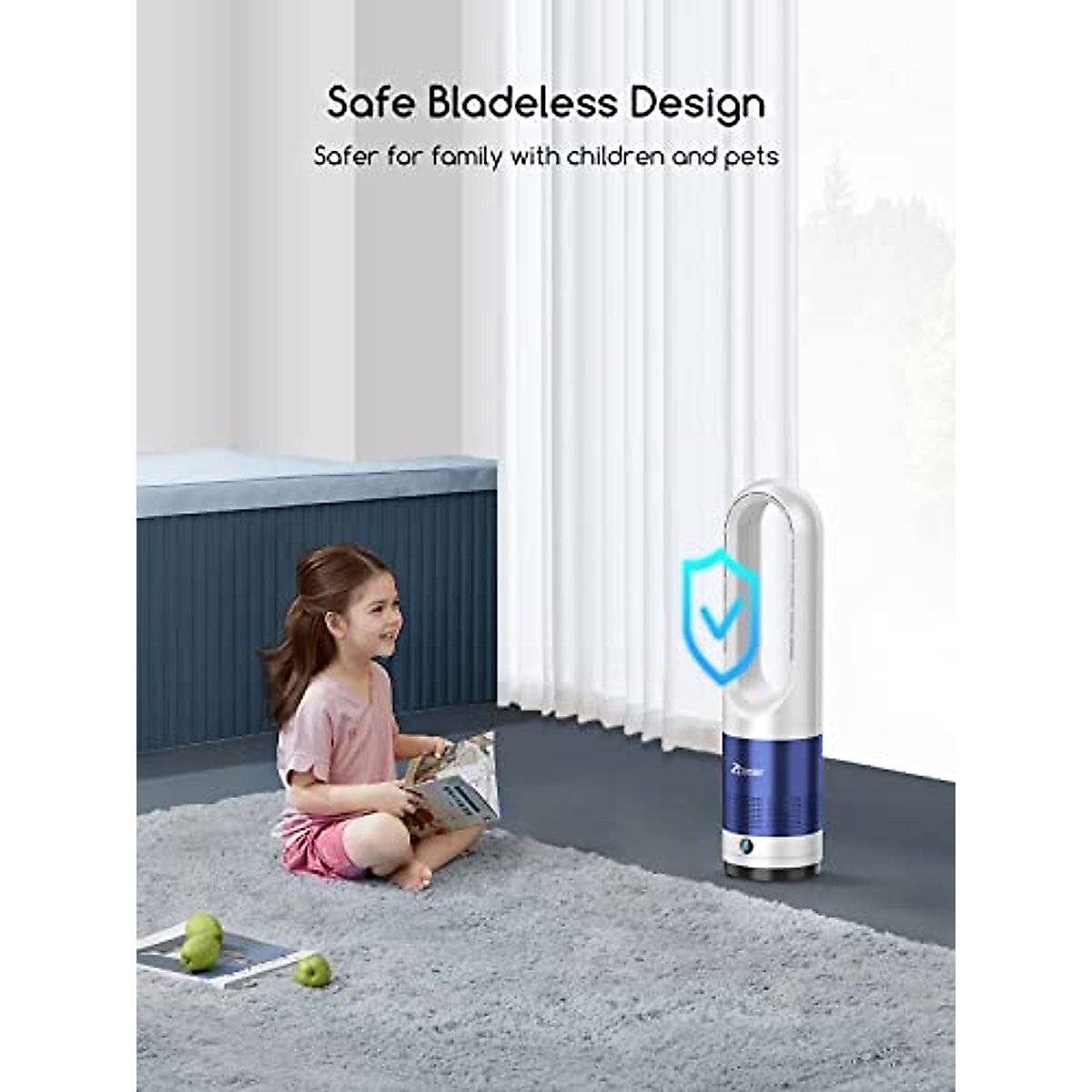 ZICOOLER Bladeless Fan, 22" Tower Fan with Remote, 8 Speeds, 9H Timer, 80°Swing, Oscillating Fans for Home, 35dB Quiet DC Standing Floor Fan for Bedroom