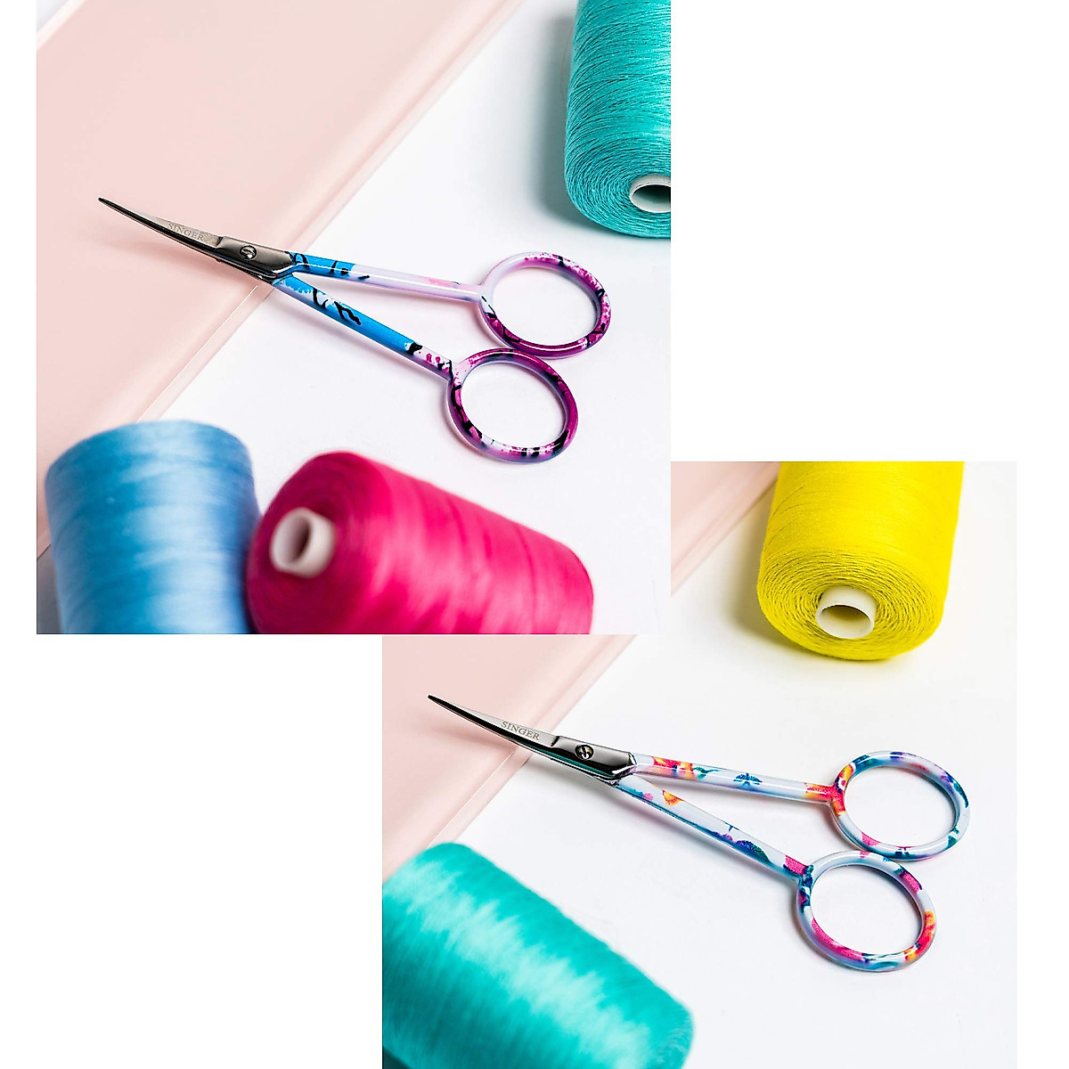 SINGER 4 Inch Forged Embroidery Scissors with Curved Tip for Sewing, Cross-Stitching, Crafts, & More (White Floral & Pastel Print, 2-Pack)