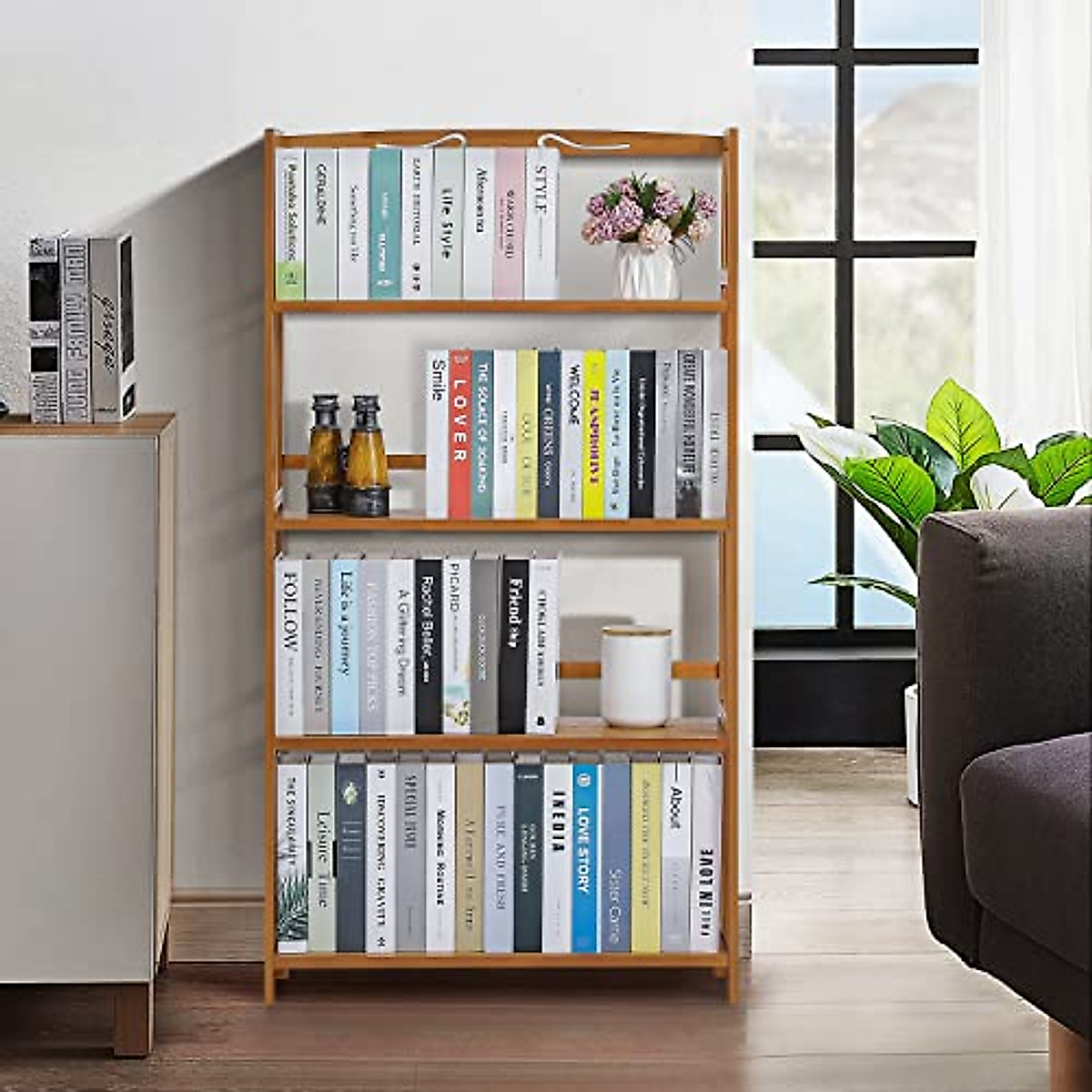 MoNiBloom Bamboo 4-Tier Bookshelf Adjustable Free-Standing Adjustable Storage Shelf Bookcase Plant Flower Stand for Living Room Kitchen Garden, Natural