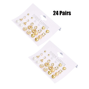 BBTO 24 Pairs Stud Earrings Crystal Pearl Earring Set Ear Stud Jewelry for Women Men(Gold)