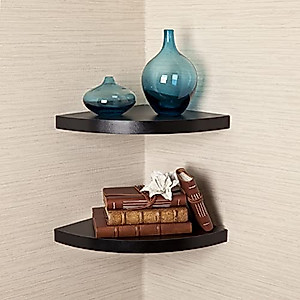 Danya B. Floating Wall Mount Laminate Wood Corner Wall Radial Shelves (Set of 2) - Black, for Home or Office, Easy to Install, Great for Books, Toys, Small Decor Accents, Ideal for Space Saving