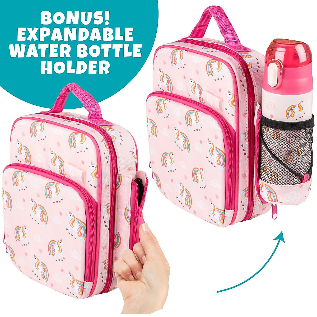 Insulated Lunch Box w Snack Pocket & Water Bottle Holder-Girls or Kids Unicorn School Lunchbox Tote Keeps Food Hotter or Colder Longer- Reusable Bag Fits Most Bento Boxes, Ice Packs- Back to School